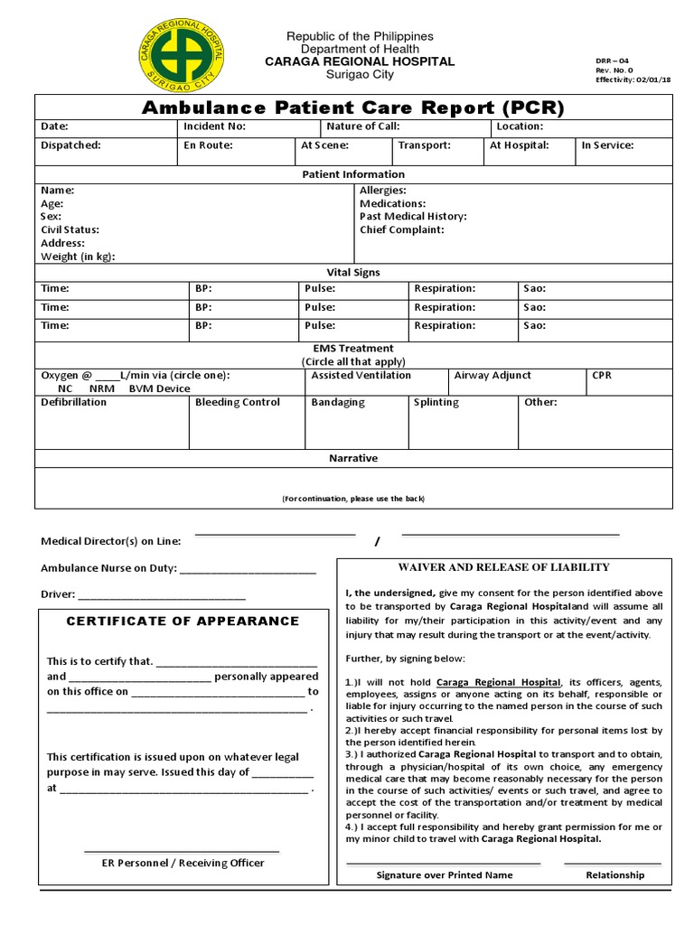 DRR-04 Ambulance Patient Care Report | Emergency Medical Services ...