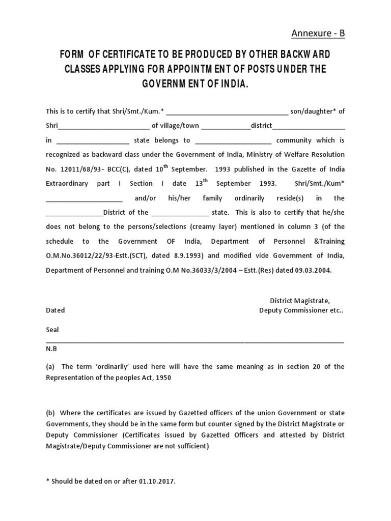Form of Certificate To Be Produced by Other Backward Classes Applying ...