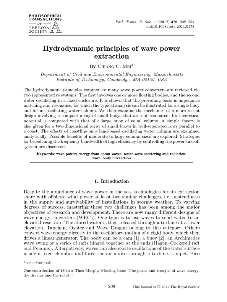 Chiang C. Mei. Hydrodynamic Principles of Wave Power Extraction | PDF ...