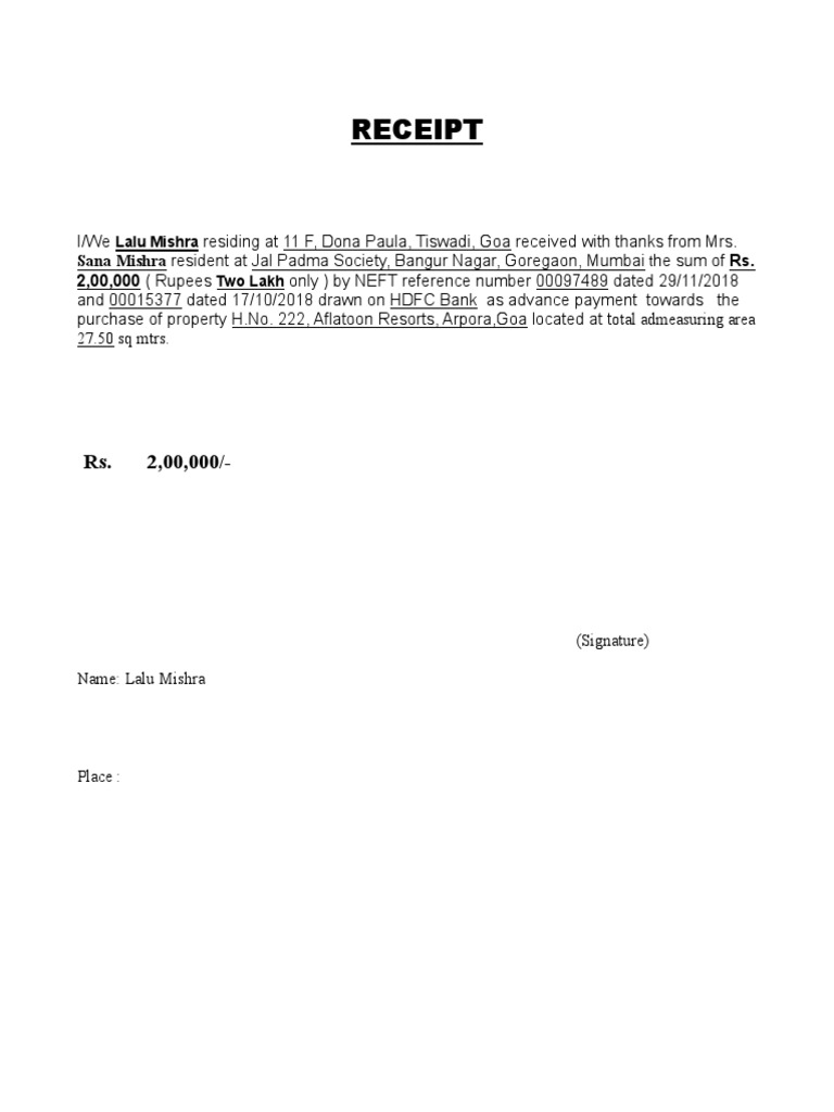 Property Payment Receipt Format | PDF