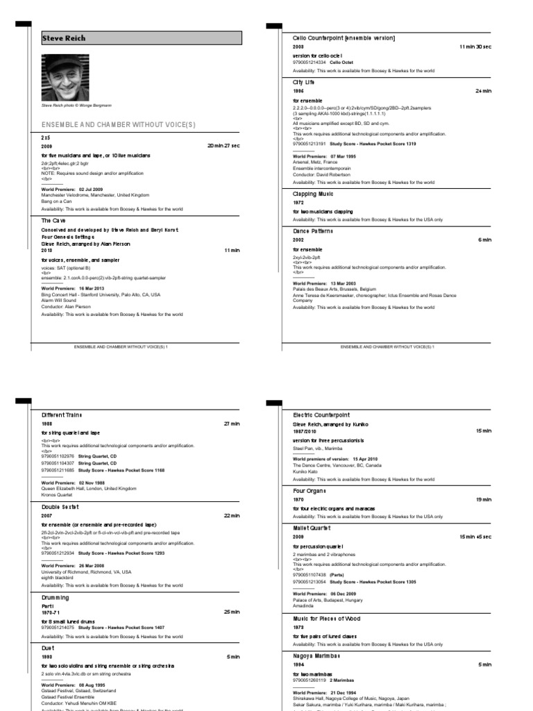 Steve Reich Obras | PDF | Chamber Music | String Instruments