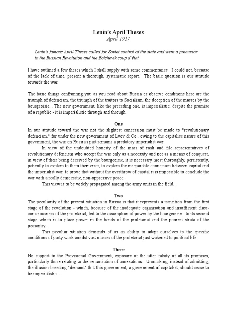 Lenins April Theses PDF | PDF | Vladimir Lenin | Soviet Union