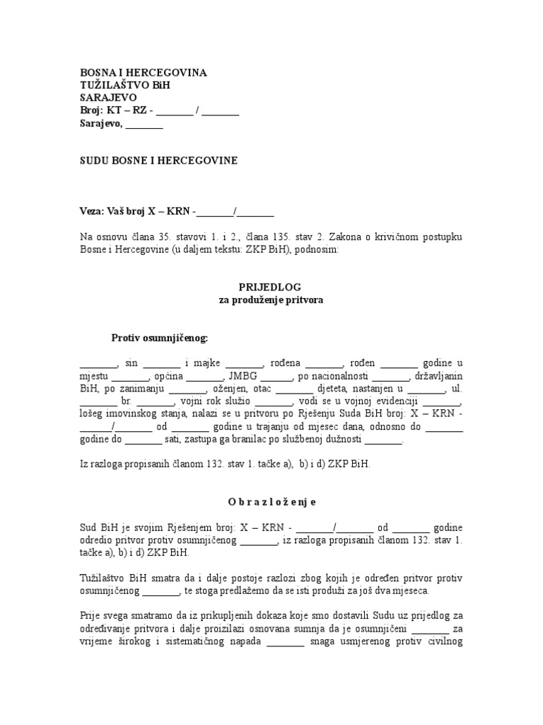 Prijedlog Za Produzenje Pritvora | PDF