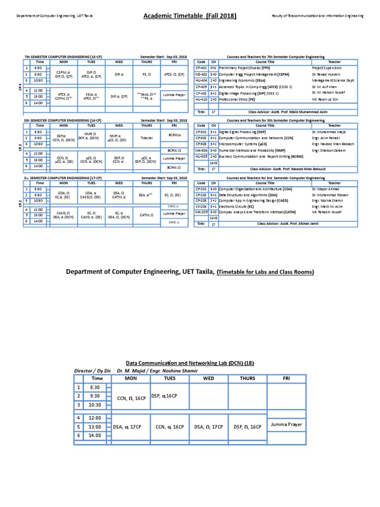 Academic Timetable for Computer Engineering at UET Taxila | PDF