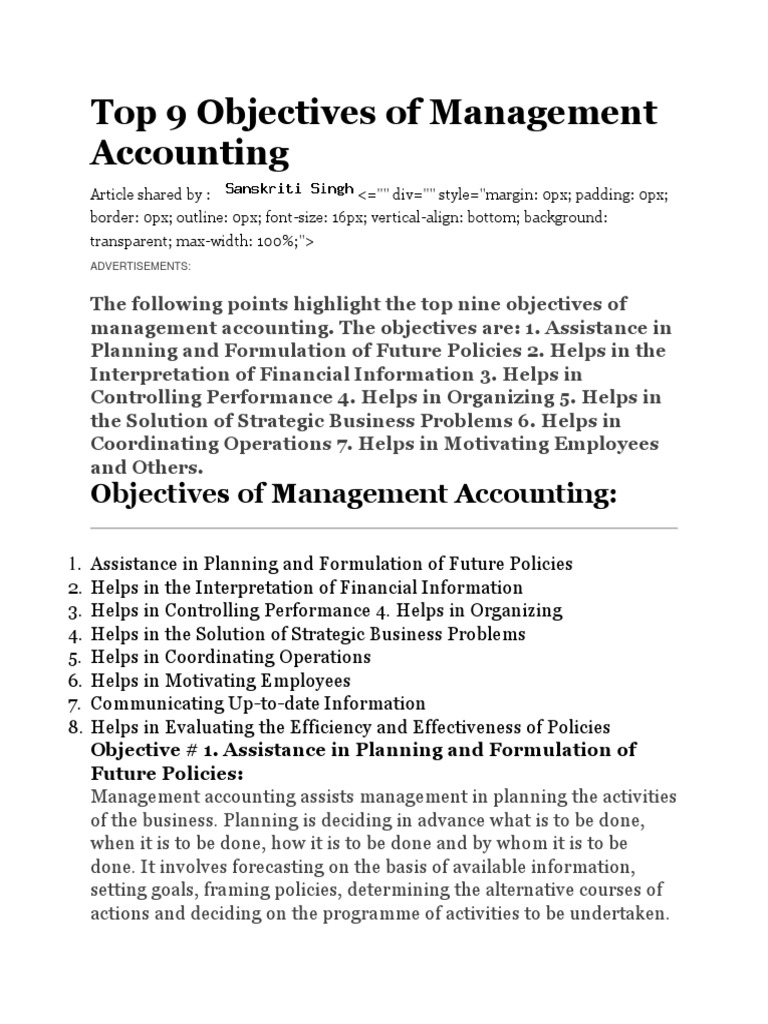 Key Objectives of Management Accounting | PDF | Management Accounting ...