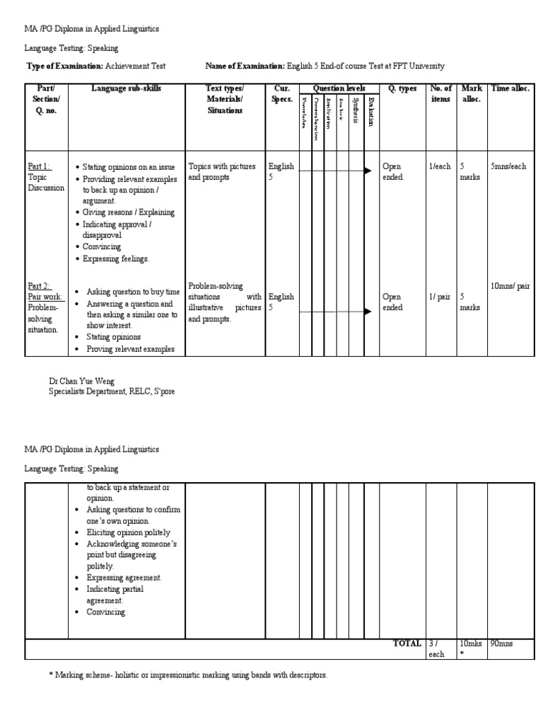 Speaking - ToS Template | PDF | Question | Test (Assessment)