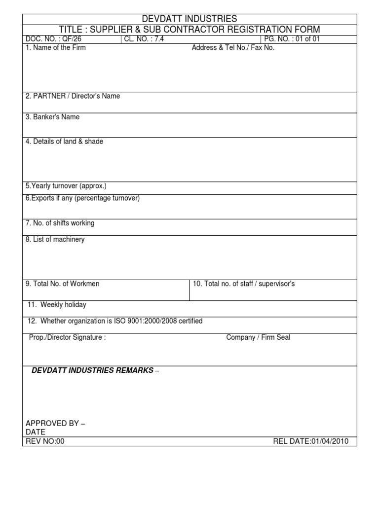 Devdatt Industries Title: Supplier & Sub Contractor Registration Form | PDF