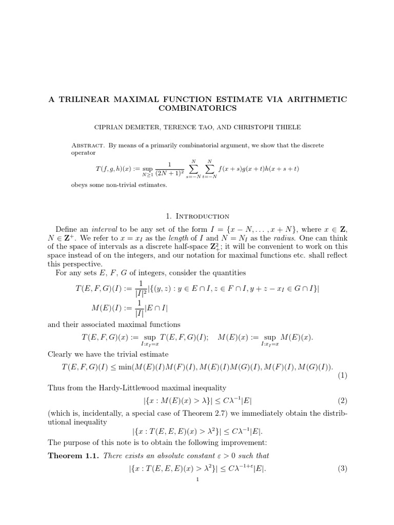 A Trilinear Maximal Function Estimate Via Arithmetic Combinatorics | PDF | Interval (Mathematics ...