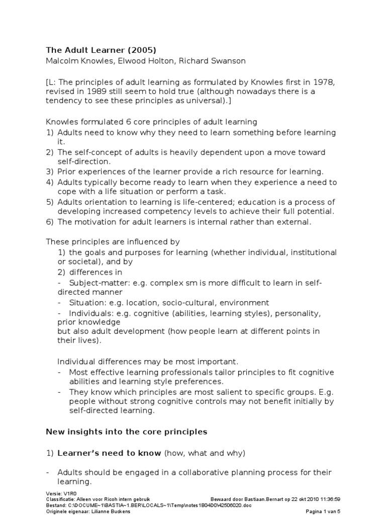 Adult Learning Knowles | PDF | Adult Education | Motivation