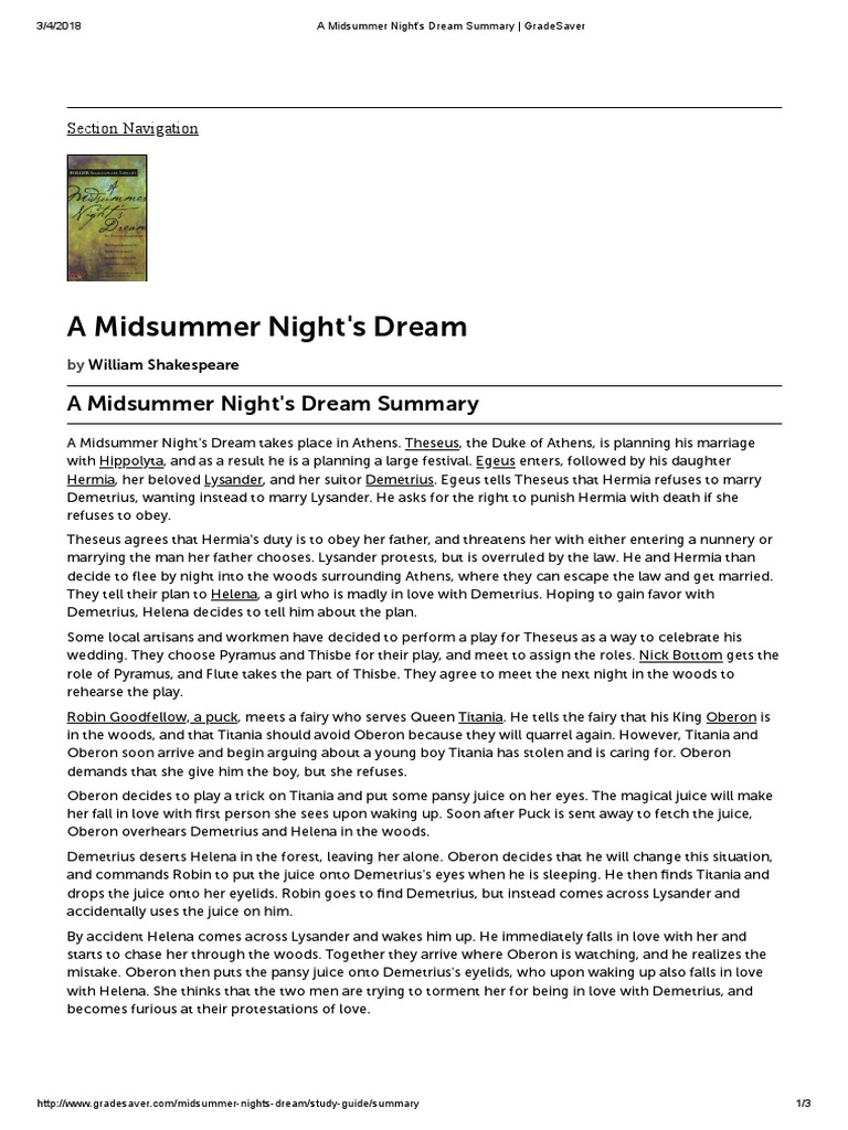 A Midsummer Night's Dream Summary - GradeSaver | PDF | A Midsummer ...