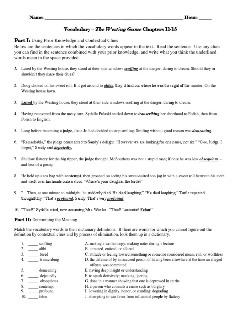 The Westing Game Ch. 11-15 Vocab | PDF | Mystery, Thriller & Crime ...