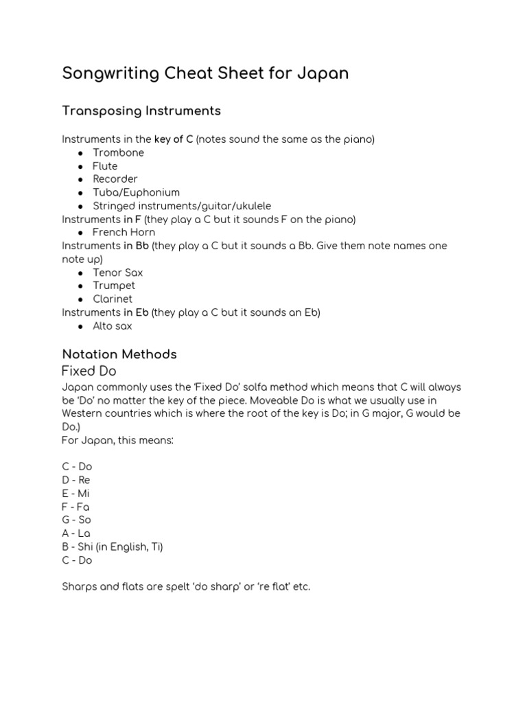 Songwriting Cheat Sheet For Japan: Transposing Instruments | PDF