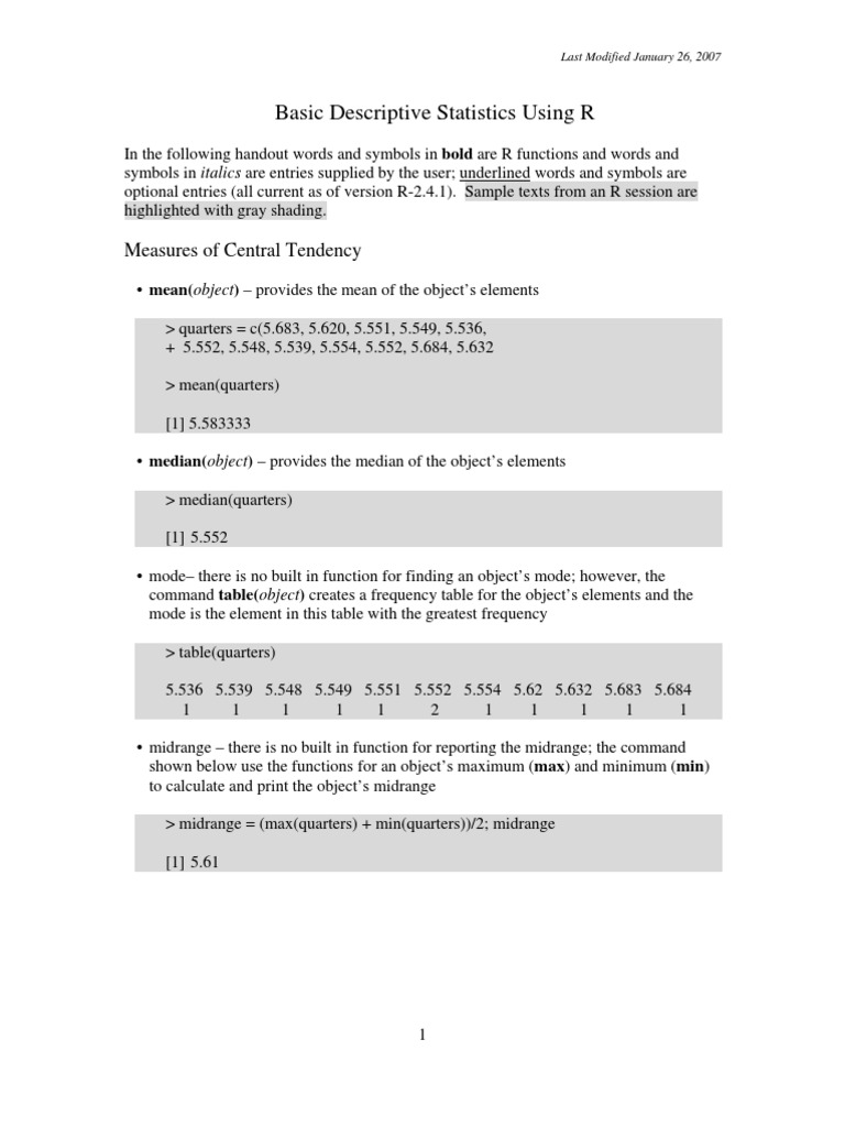 Basic Descriptive Statistics Using R | PDF | Standard Deviation | Mean Basic Descriptive Statistics Using R | PDF | Standard Deviation | Mean