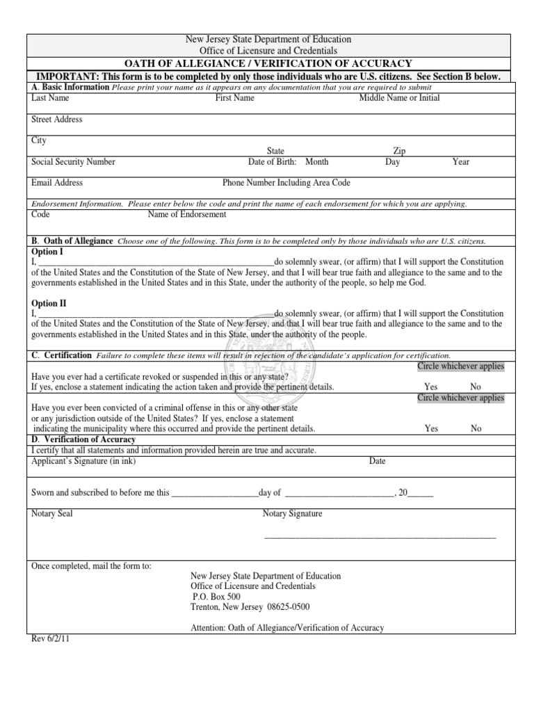 Oath Of Allegiance Verification Of Accuracy Form Fillable - Printable ...
