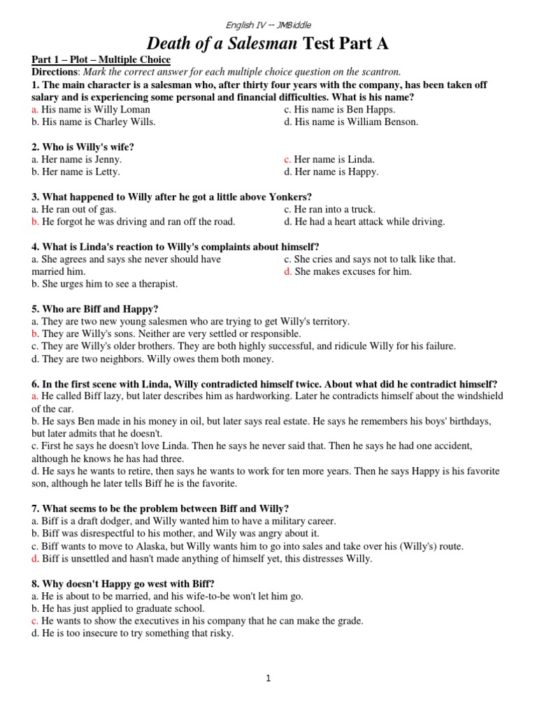 Death of a Salesman Test Questions | PDF
