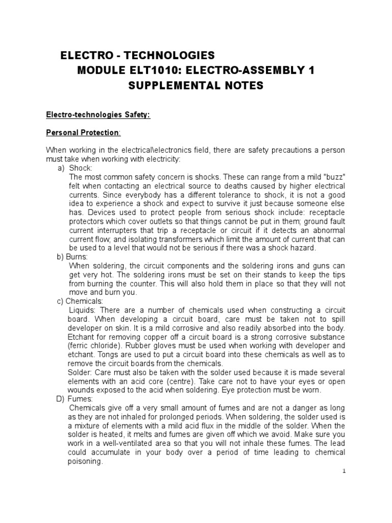 Electro - Technologies Module Elt1010: Electro-Assembly 1 Supplemental ...