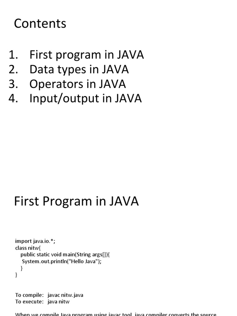 First Program in JAVA 2. Data Types in JAVA 3. Operators in JAVA 4. Input/output in JAVA | PDF ...