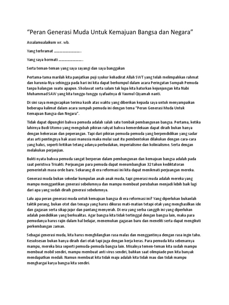 Peran Generasi Muda Untuk Kemajuan Bangsa Dan Negara | PDF ...