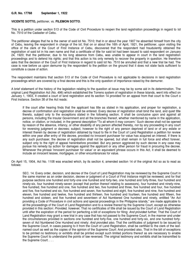 G.R. No. 17768 September 1, 1922 VICENTE SOTTO, Petitioner, vs. FILEMON ...