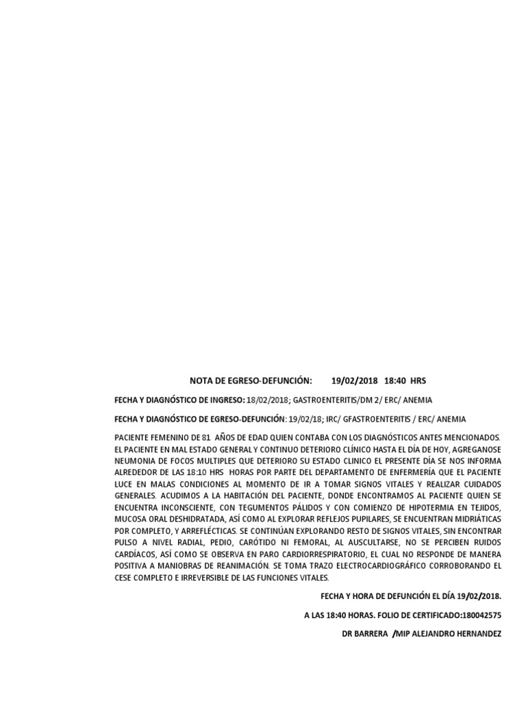 Nota de Egreso-Defunción Fidel | PDF