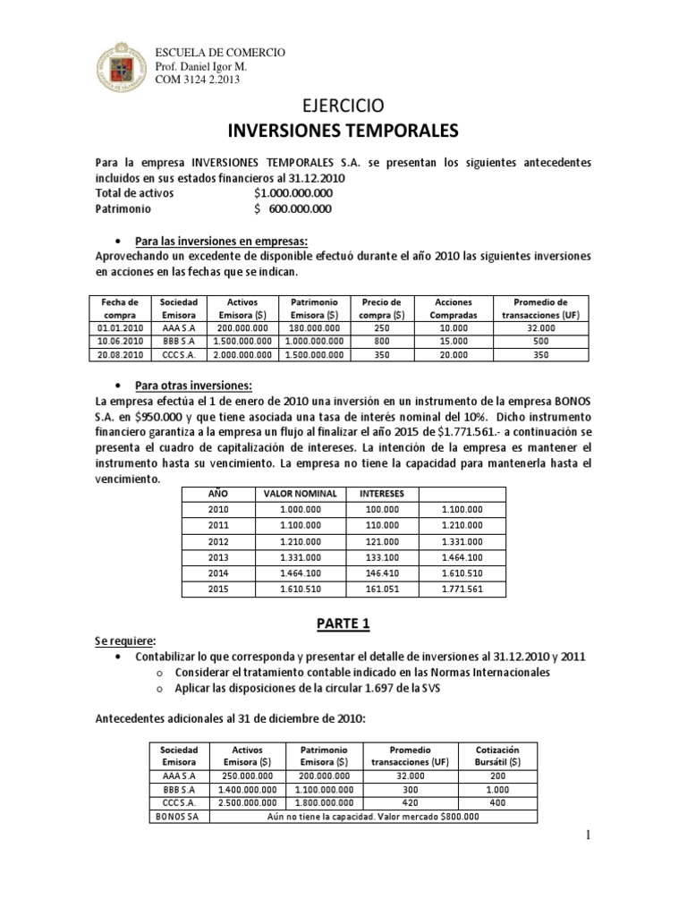 EJERCICIO Inversiones Temporales Desarrollo | PDF | Bolsa | Compartir (Finanzas)