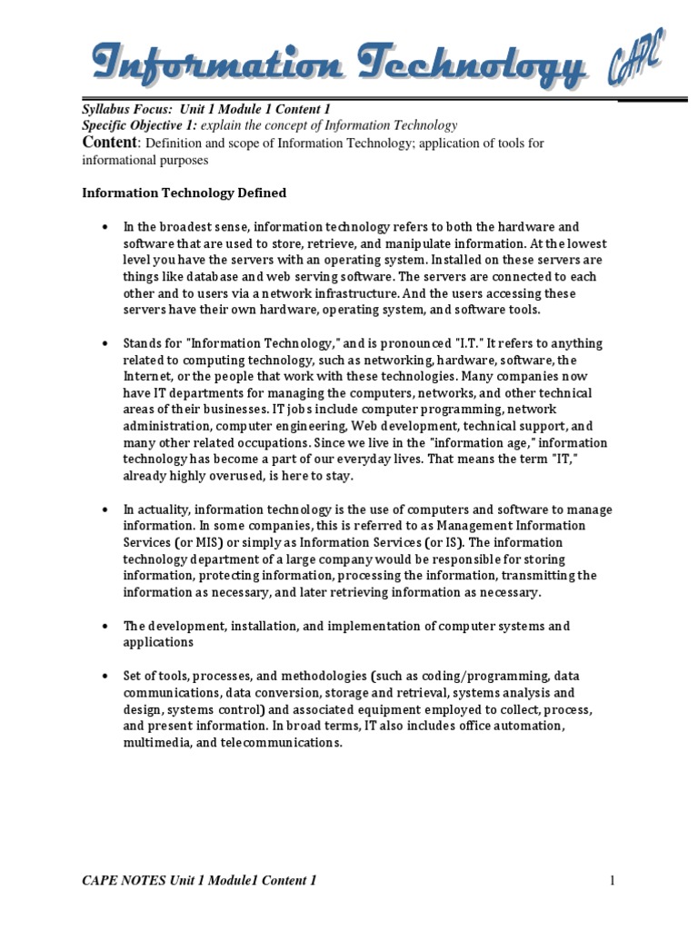 Cape Notes Unit1 Module 1 Content 1 | PDF | Information Technology ...