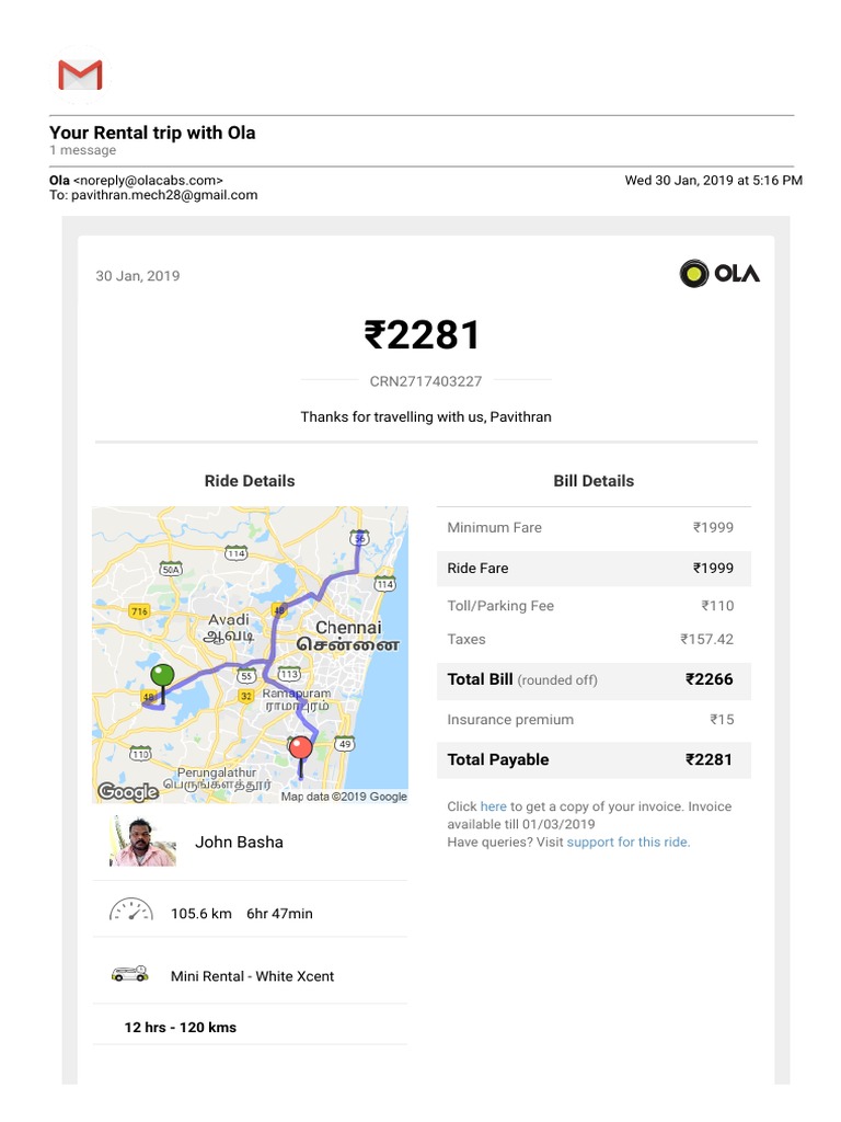 Ola Cab Invoice for Villupuram Ride | PDF | Invoice | Services (Economics)