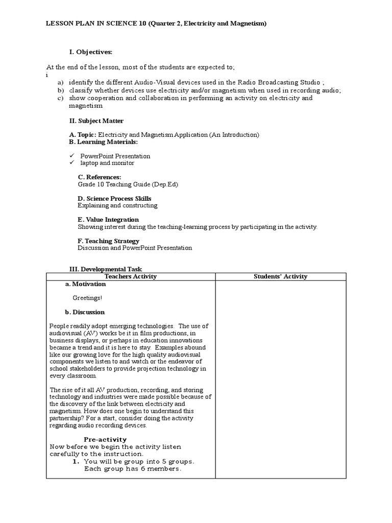 Sci.10 Lesson Plan Electricity and Magnetism | PDF | Sound Recording ...