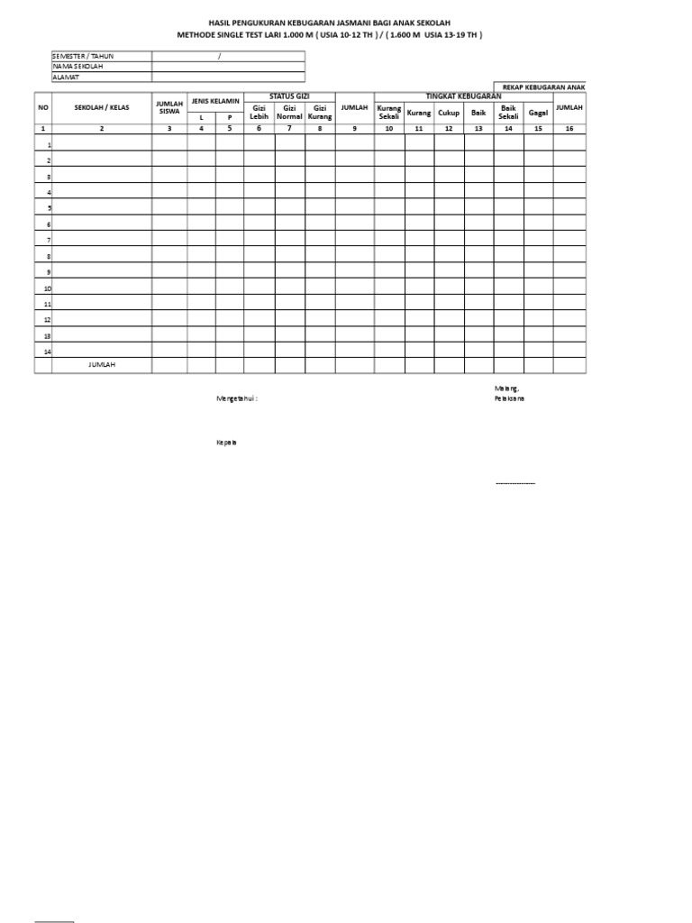Form Kebugaran Anak Sekolah (Rekap) | PDF
