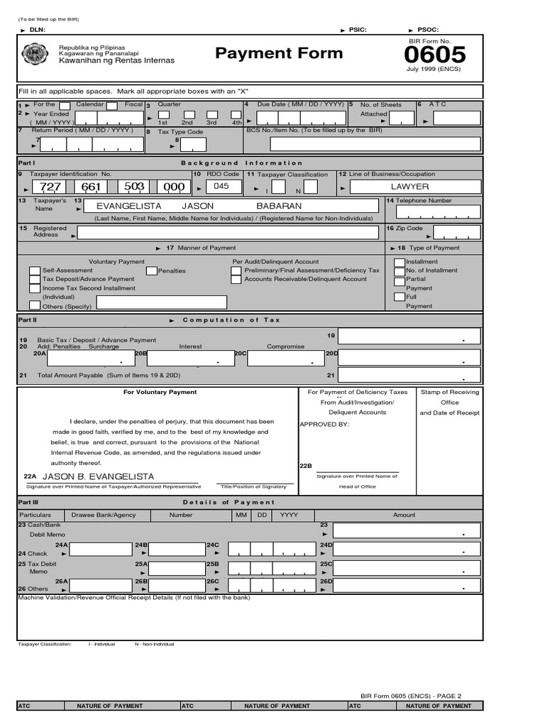 BIR Form 0605 Payment Form | PDF | Withholding Tax | Payments