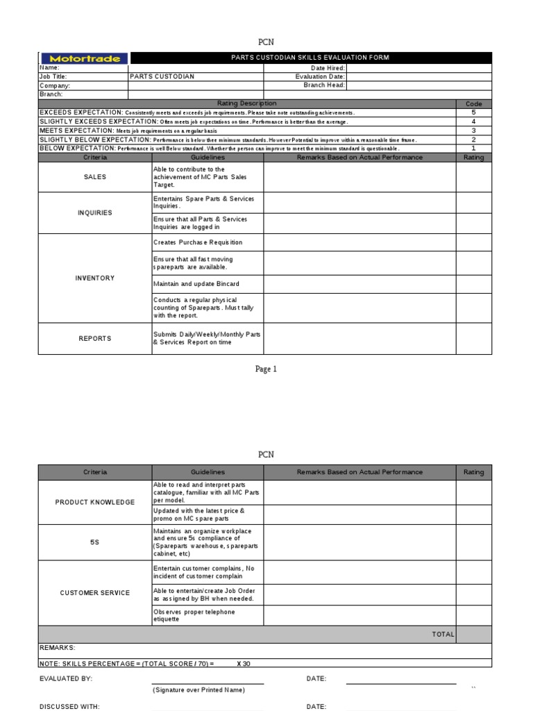 Parts Custodian Skills Evaluation Form: Often Meets Job Expectations On ...