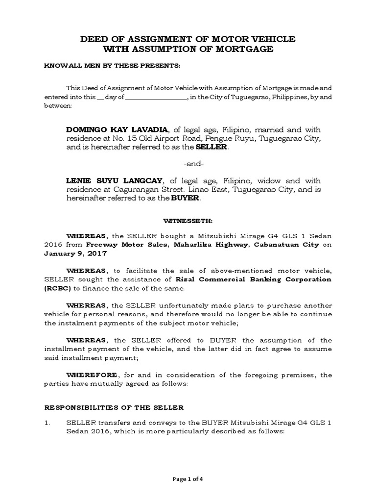 Deed of Assignment of Motor Vehicle With Assumption of Mortgage | PDF ...