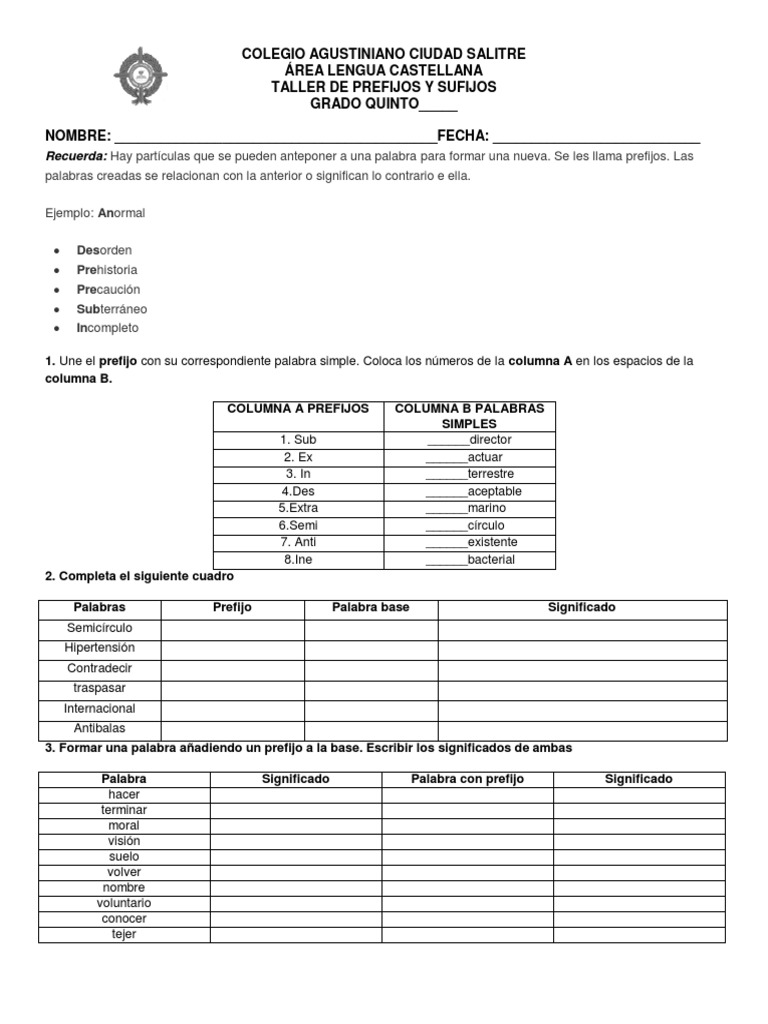 Hojas De Trabajo De Prefijos De Quinto Grado Prefijo Y Sufijos | TPT