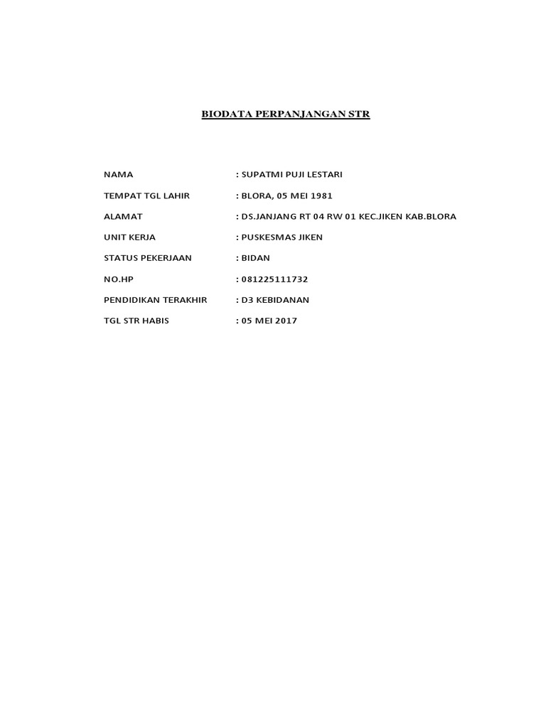 Contoh Biodata Perpanjangan STR Bidan | PDF