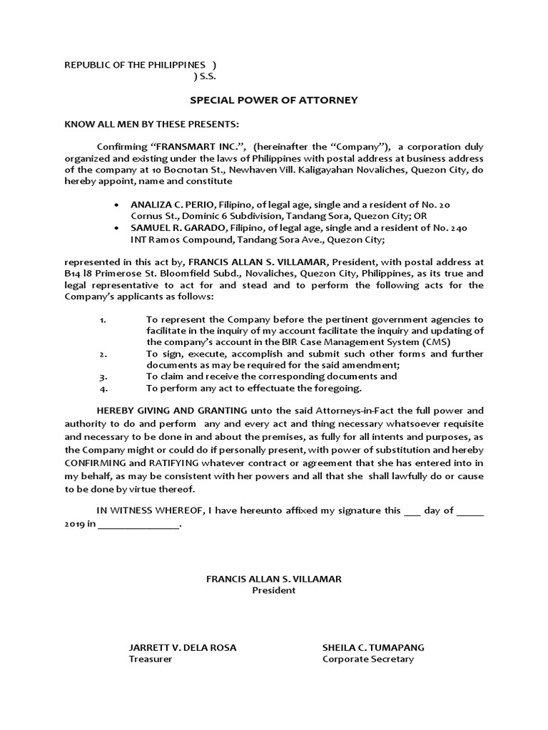 Spa Fransmart Inc Bir Cms | PDF | Power Of Attorney | Social Institutions