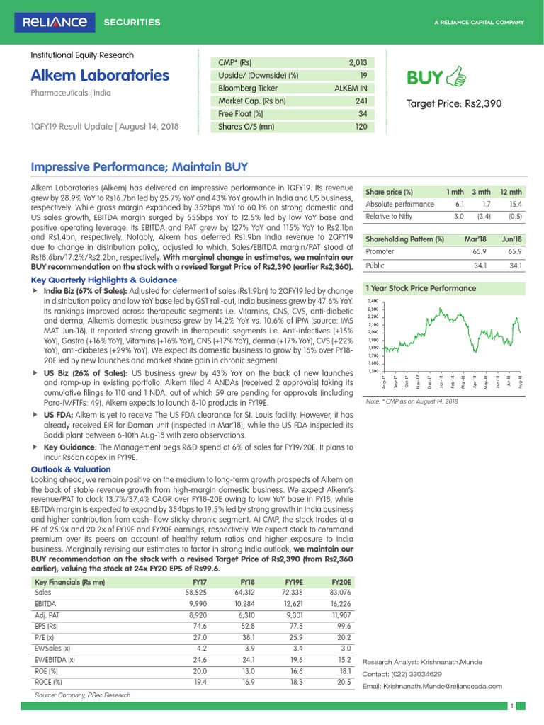 Alkem Labs - 1QFY19 Result Update - 140818 | PDF | Securities (Finance) | Financial Analyst