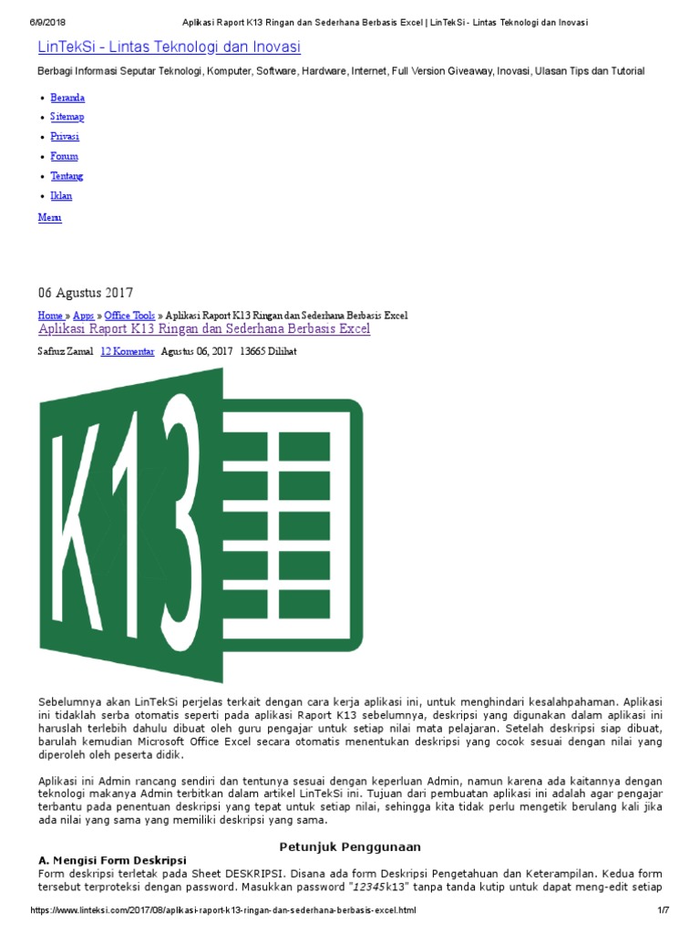 Aplikasi Raport K13 Ringan Dan Sederhana Berbasis Excel - LinTekSi ...