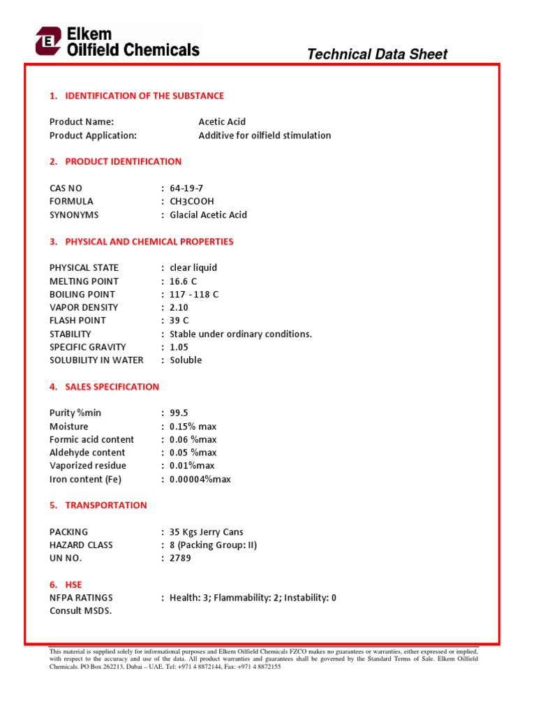 Acetic Acid Technical Data Sheet | PDF