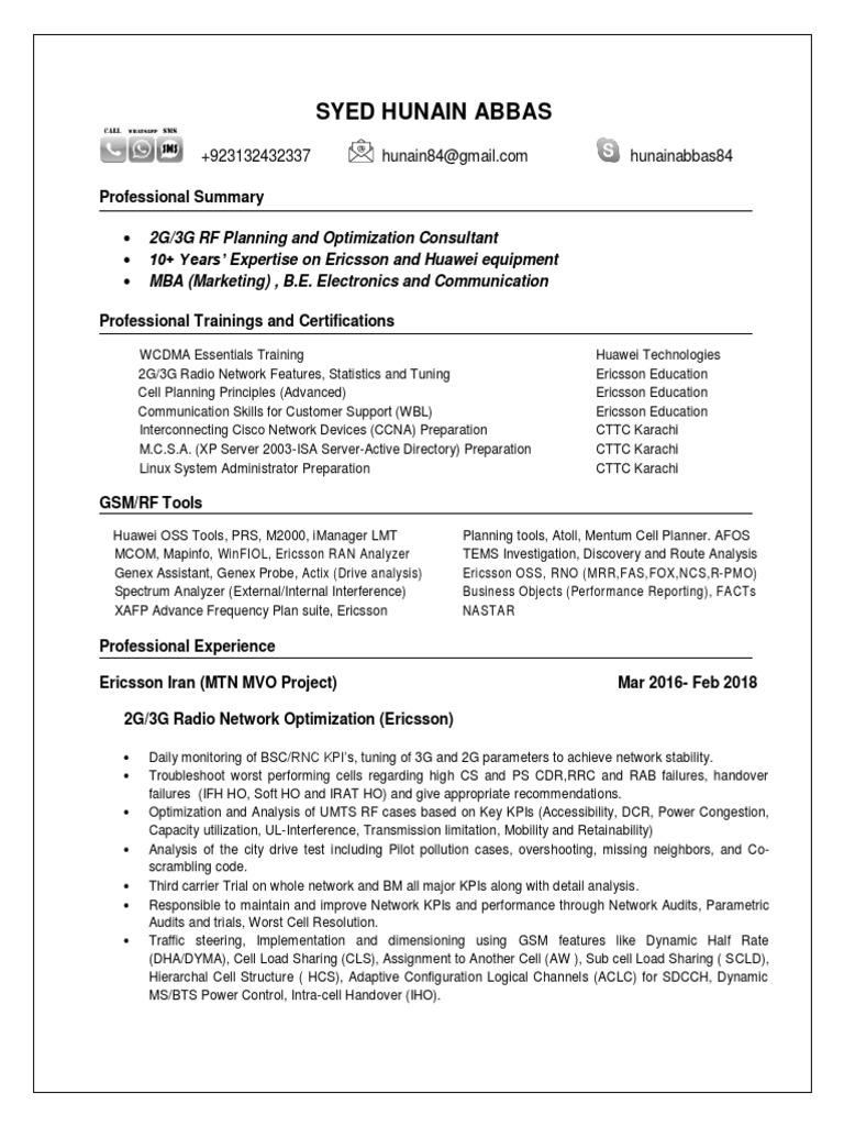 CV-Hunain Abbas PDF | PDF | Ericsson | Computer Network