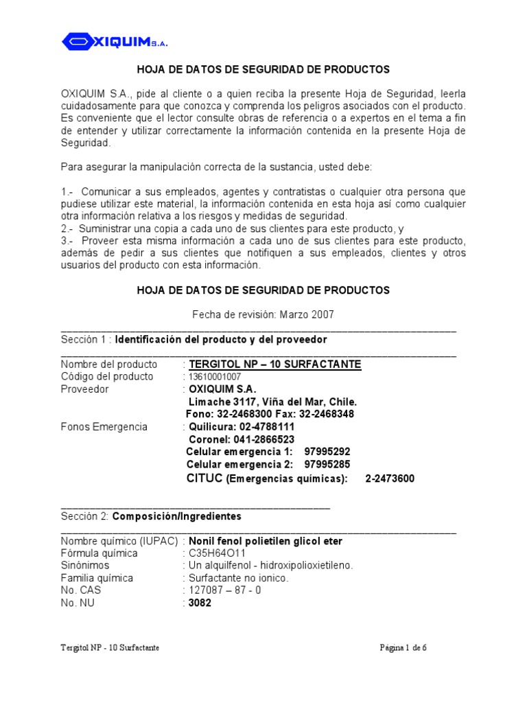Tergitol NP-10: Hoja de Seguridad | PDF | Descomposición | Agua