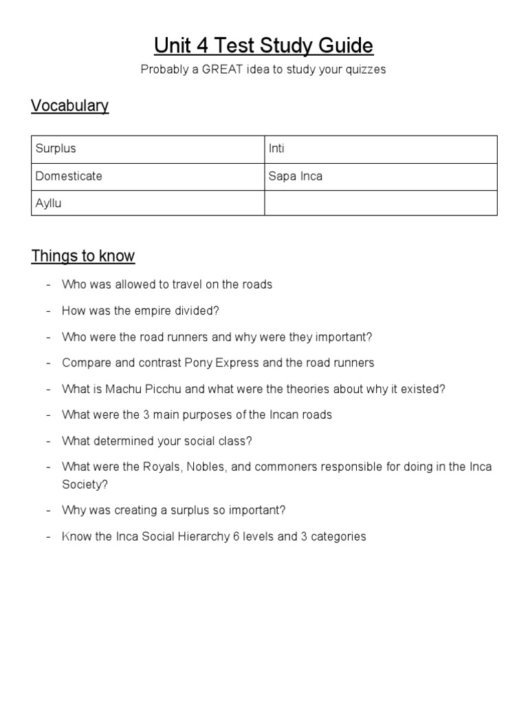 Unit 4 Test Study Guide | PDF