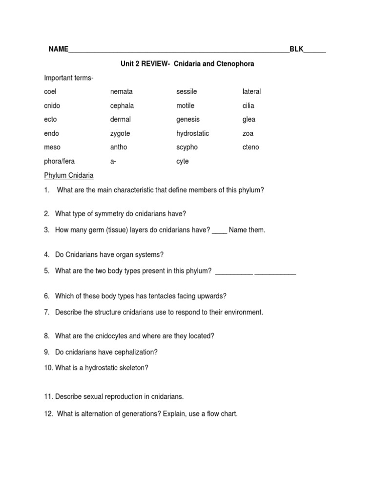 Cnidaria and Ctenophora Study Guide | PDF | Wellness | Science ...
