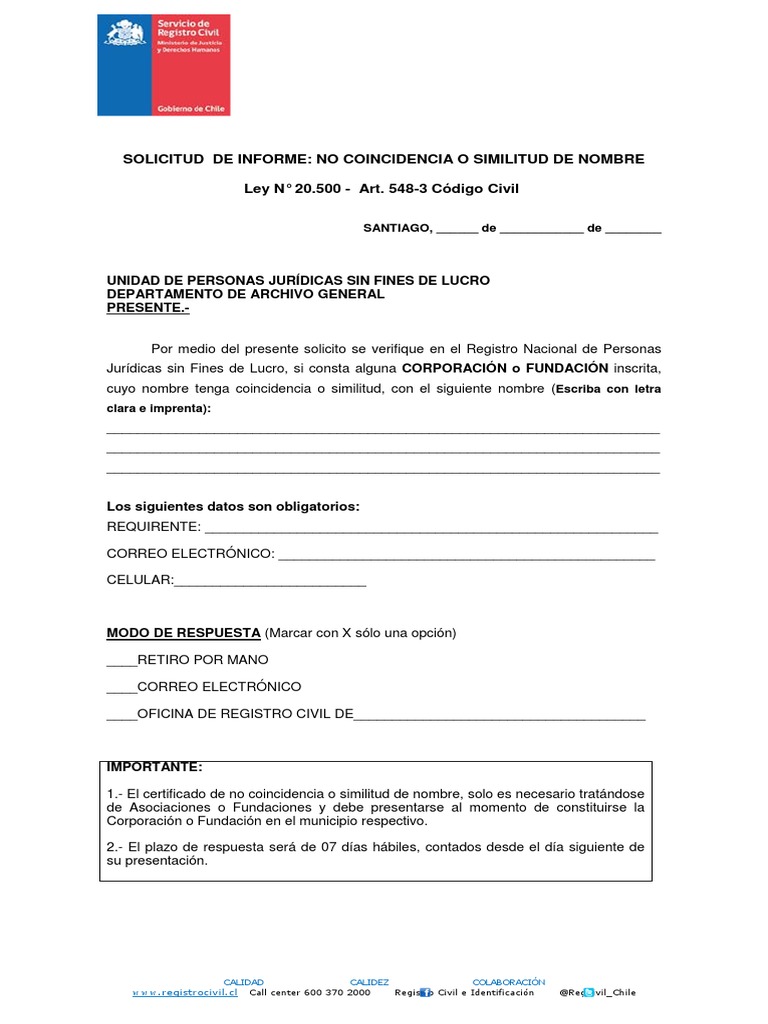 Solicitud de Informe: No Coincidencia O Similitud de Nombre Ley #20.500 ...