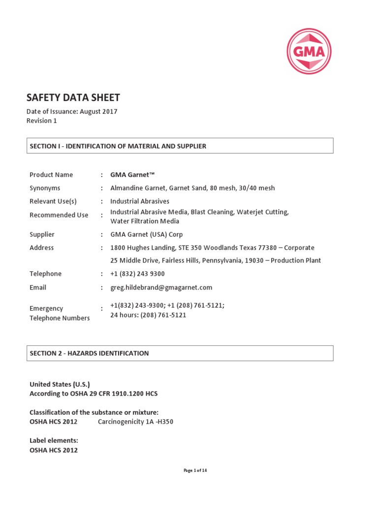 GMA Garnet SDS (80) August 2017 Rev 1 | PDF | Occupational Hygiene ...