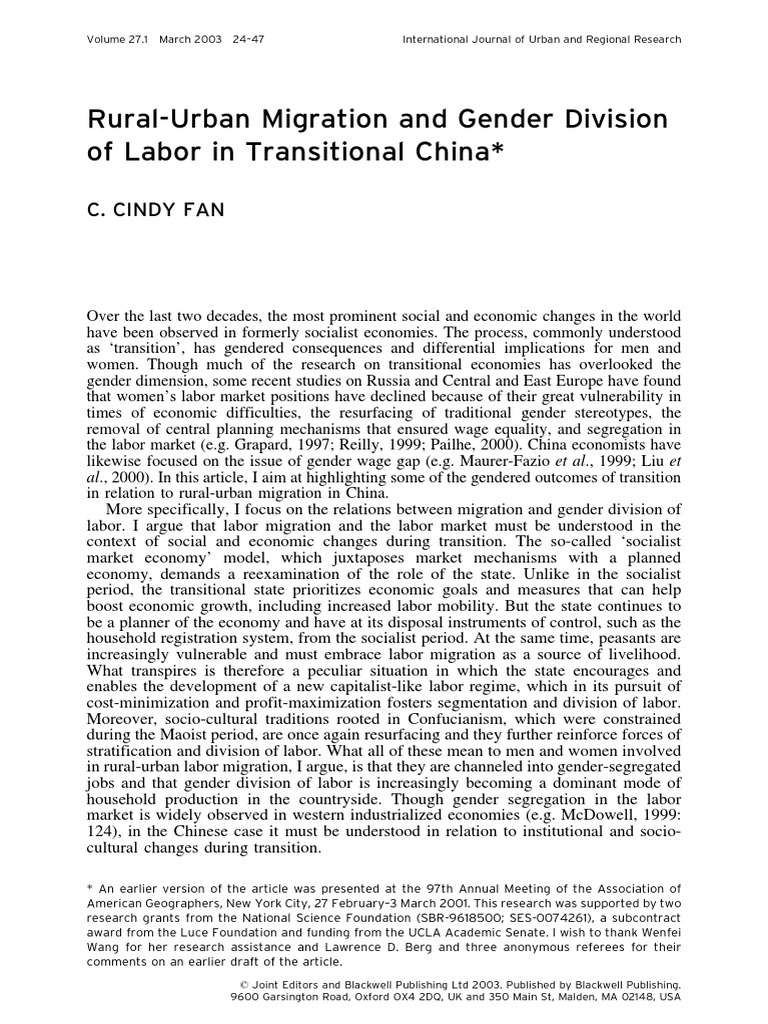 Gender Divisions of Labor Emerging from Rural-Urban Migration in ...