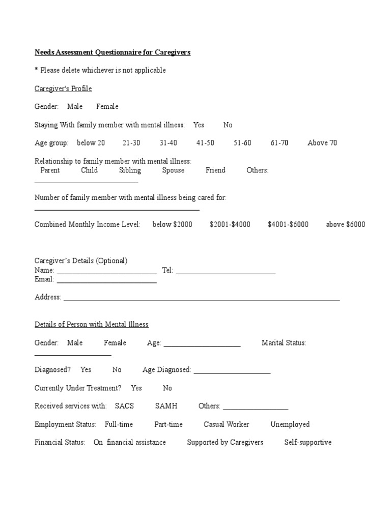 Needs Assessment Questionnaire For Caregivers | PDF | Caregiver ...