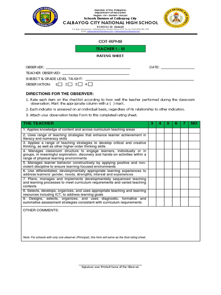 Cot-Rpms - T I-III - Rating Sheet | PDF | Teachers | Curriculum