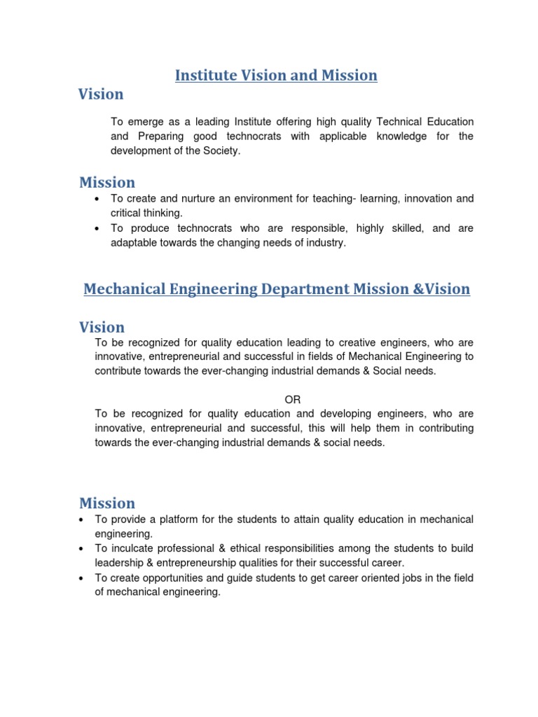 Institute Vision and Mission Overview | PDF | Engineering ...