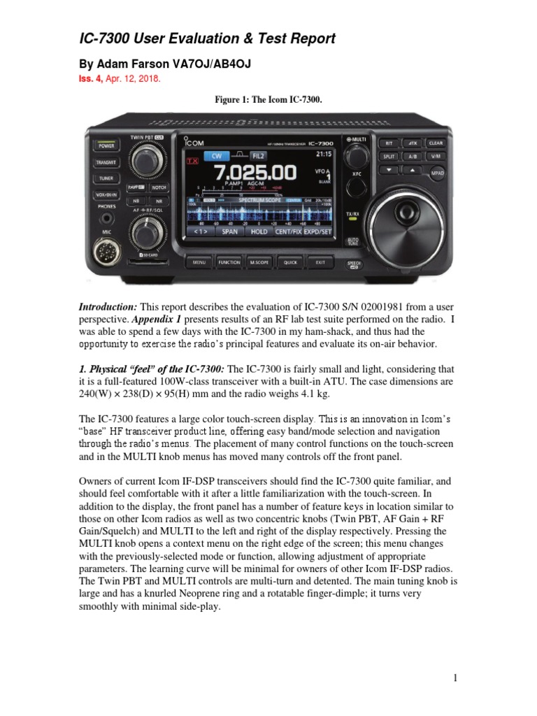 IC-7300 User Evaluation & Test Report: by Adam Farson VA7OJ/AB4OJ | PDF ...