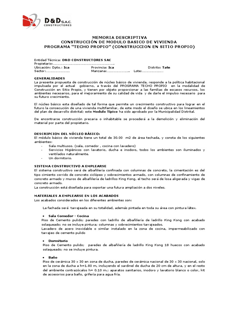 Construcción de un módulo básico de vivienda familiar a través del programa Techo Propio | PDF ...